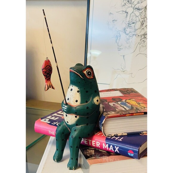 unbranded | Accents | Fishing Frog Shelf Setting Wooden Frog Fish Hand ...